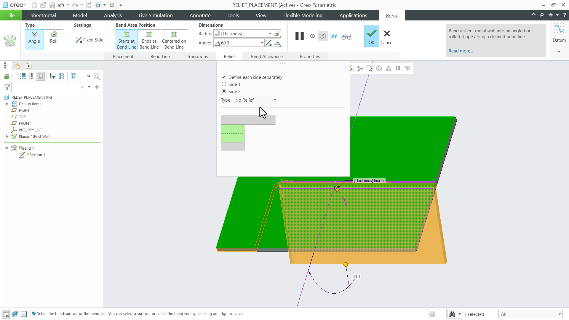 Bend Line Relief Placement | tutorial | PTC Learning Connector