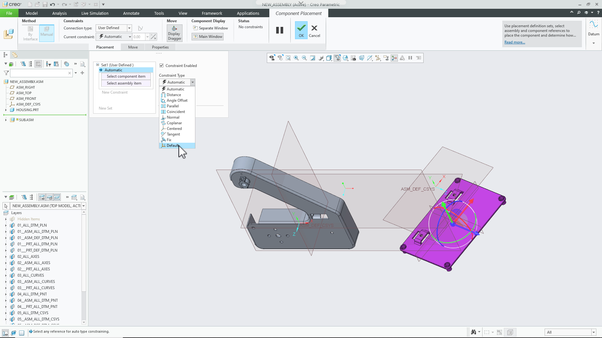 Create New Assembly with Default Constraint | tutorial | PTC Learning ...