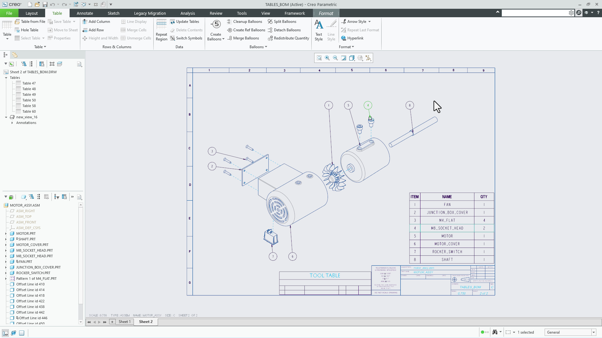 Add Drawing Tables and BOM Balloons | tutorial | PTC Learning Connector